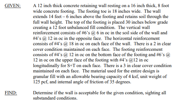 GIVEN: A 12 inch thick concrete retaining wall | Chegg.com
