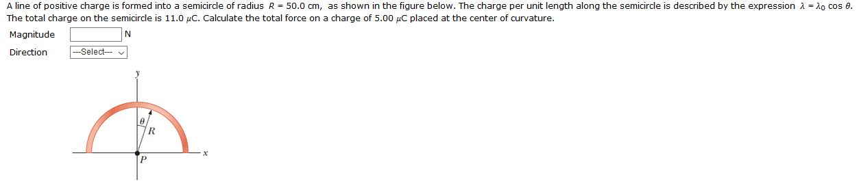Solved A line of positive charge is formed into a semicircle | Chegg.com