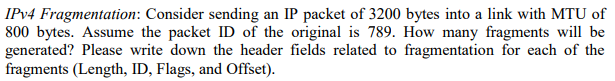 Solved IPv4 Fragmentation: Consider sending an IP packet of | Chegg.com