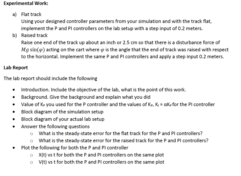 Comparison of a P and a Pl Controller for the Cart | Chegg.com
