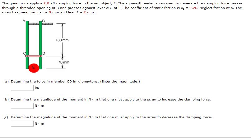 Solved The green rods apply a 2.0 kN clamping force to the | Chegg.com
