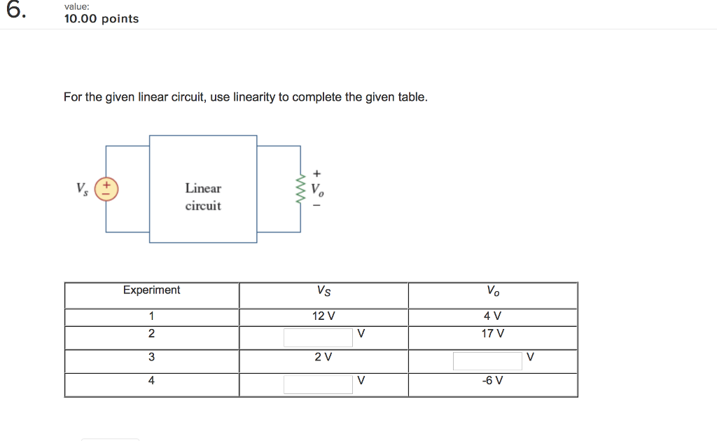 Solved value: 10.00 points For the given linear circuit, use | Chegg.com