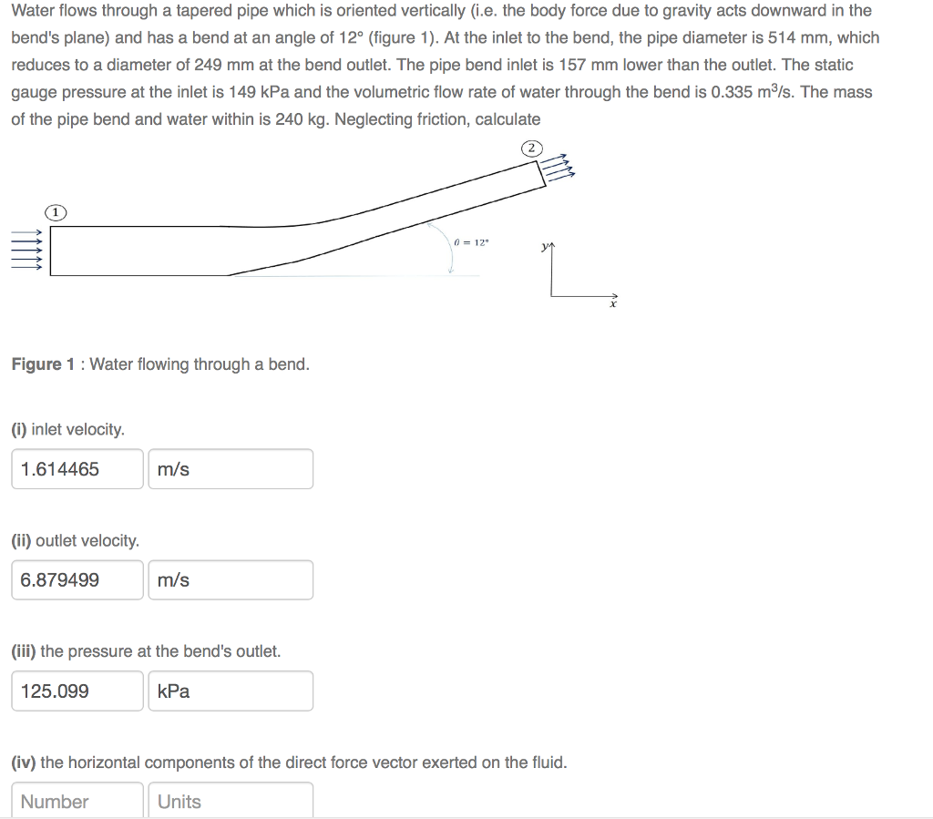 Solved Water flows through a tapered pipe which is oriented | Chegg.com