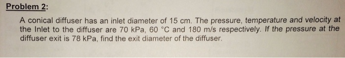 Solved Problem 2: A conical diffuser has an inlet diameter | Chegg.com