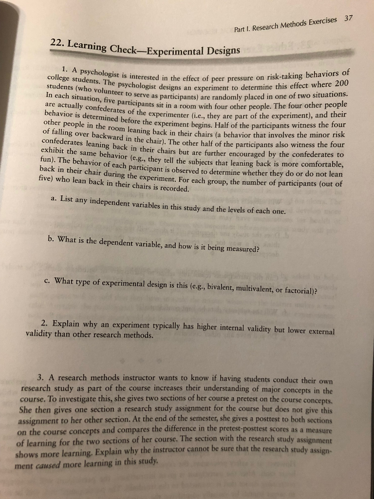 Solved 37 Part I. Research Methods Exercises 22. Learning | Chegg.com