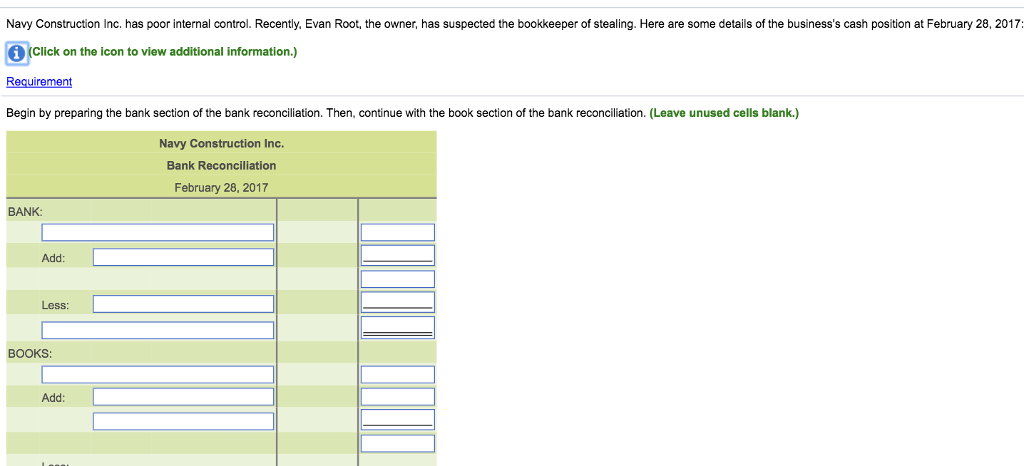 Solved Navy Construction Inc. has poor internal control. | Chegg.com