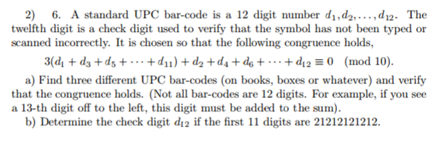 Solved A standard UPC bar-code is a 12 digit number d_1, | Chegg.com