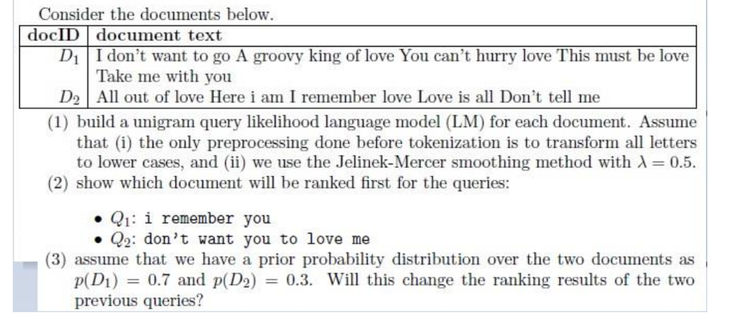 Consider the documents below. build a unigram query | Chegg.com
