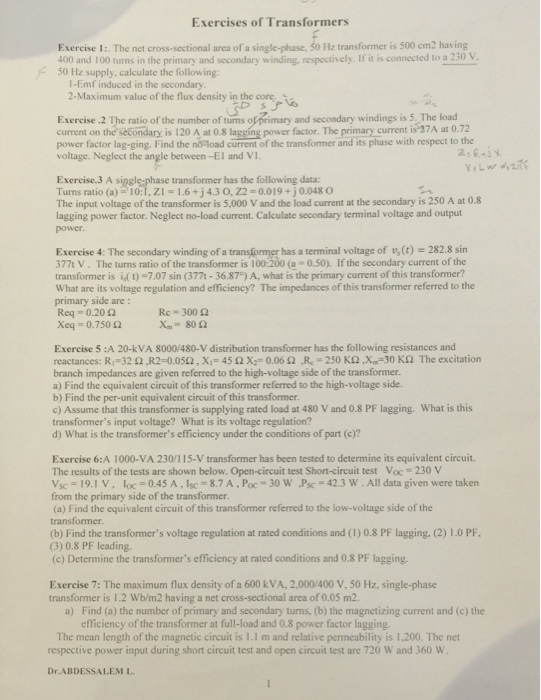 Solved Exercises of Transformers Exercise 1:. The net | Chegg.com