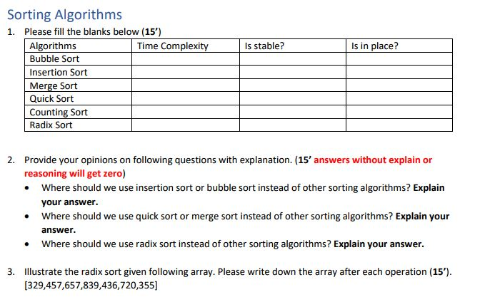 Solved Sorting Algorithms 1 Please Fill The Blanks Below
