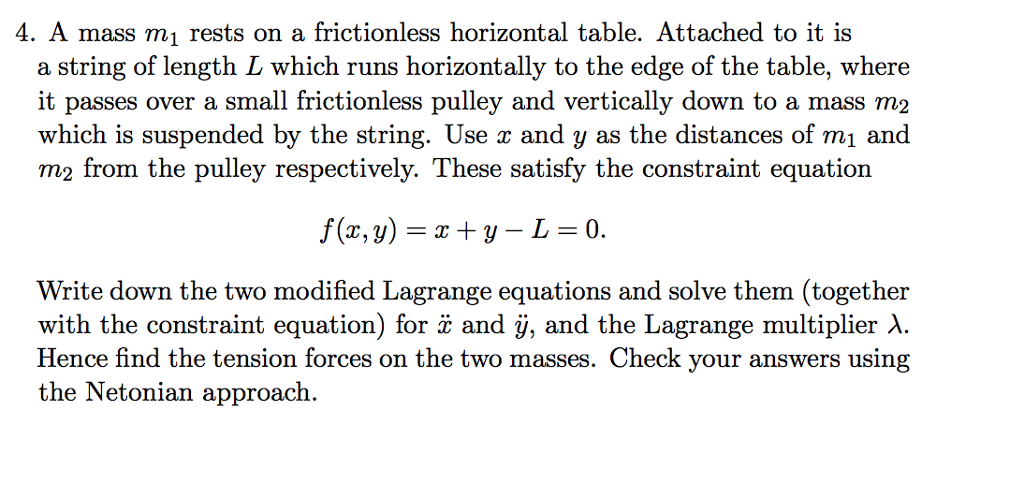 Solved 4. A mass m1 rests on a frictionless horizontal | Chegg.com