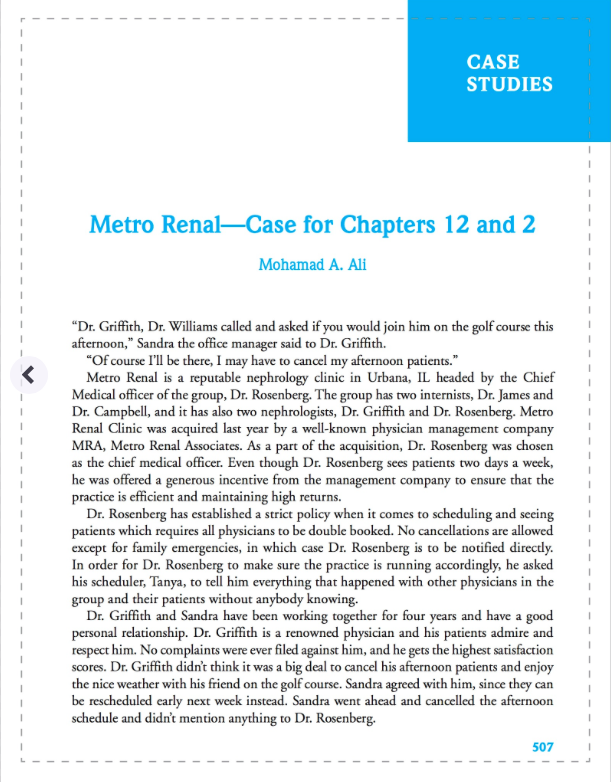 Solved CASE STUDIES Metro Renal-Case for Chapters 12 and 2 | Chegg.com