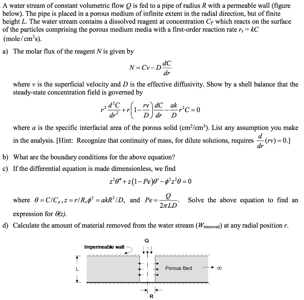 A water stream of constant volumetric flow Q is fed | Chegg.com
