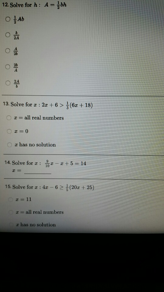 Solved 12 Solve for h: A-h 24 28 28 2A 13. Solve for z 2+6> | Chegg.com