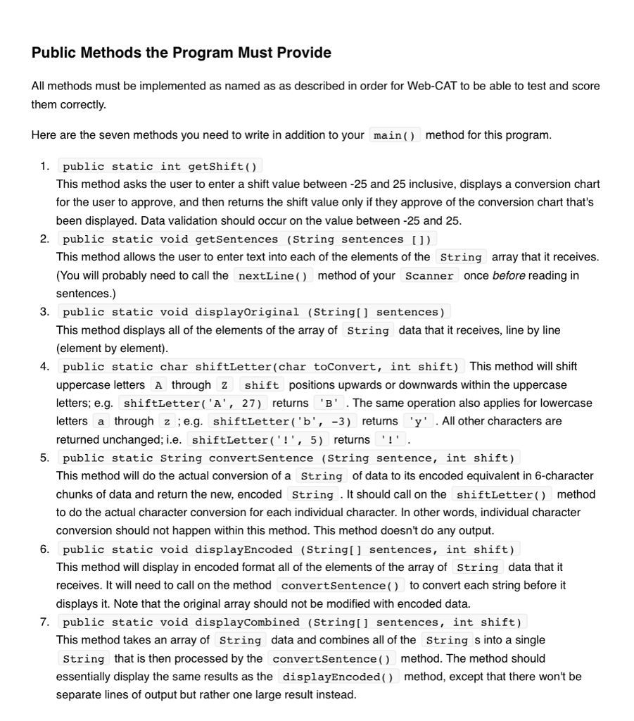 Solved Public Methods the Program Must Provide All methods | Chegg.com