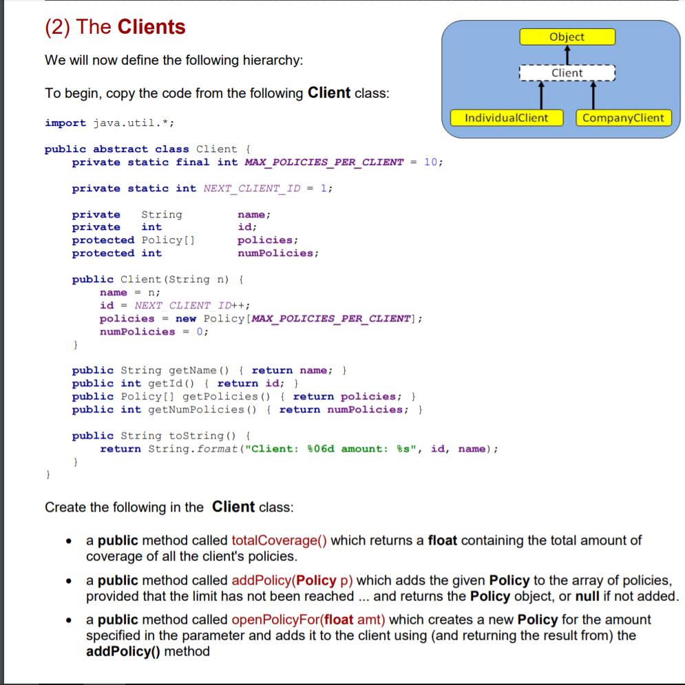 Solved (2) The Clients Object We will now define the | Chegg.com