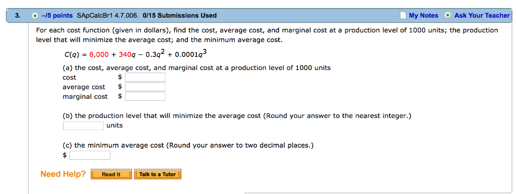 Solved For each cost function (given in dollars), find the | Chegg.com