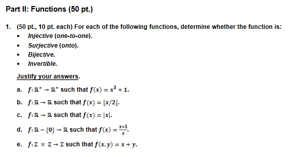 Solved Part Il: Functions (50 pt.) 1. (50 pt., 10 pt. each) | Chegg.com