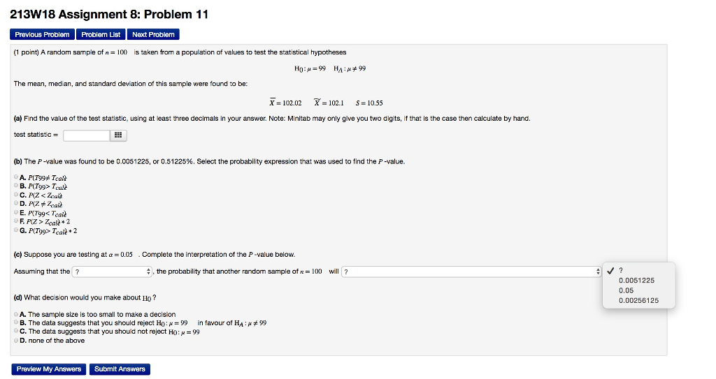 Solved 213W18 Assignment 8: Problem 11 Previous Problem | Chegg.com