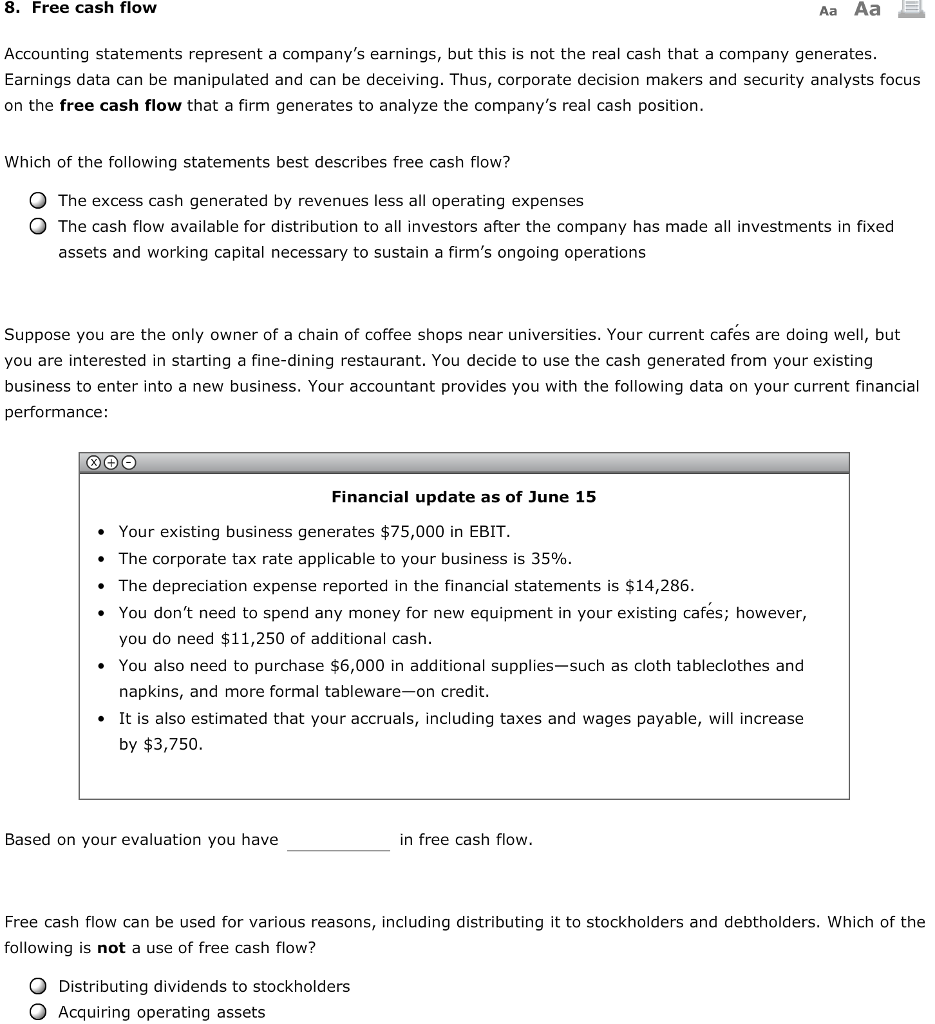 Solved 8. Free cash flow Aa Aa Accounting statements | Chegg.com