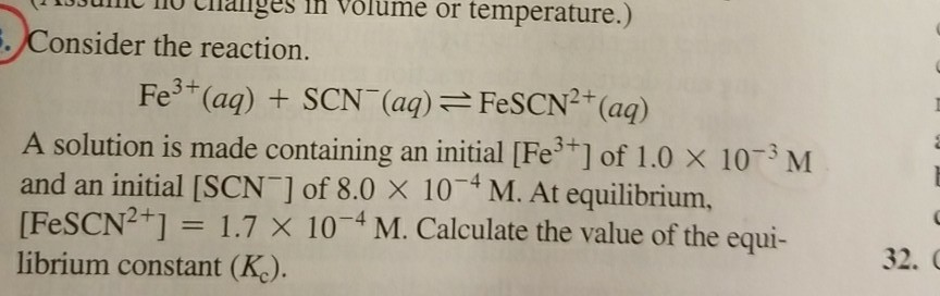 Solved Consider the reaction. Fe^3+(aq) + SCN^- (aq) | Chegg.com