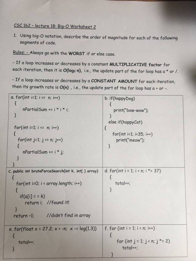 Solved CSC 162 lecture 18: Big-O Worksheet 2 1. using big-o | Chegg.com