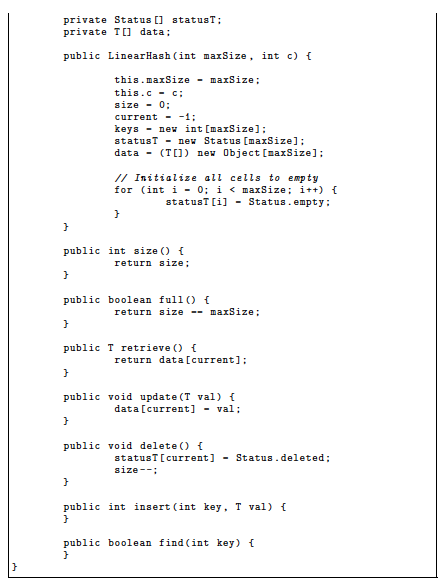 Solved Complete the code of the class Linear Hash below, | Chegg.com