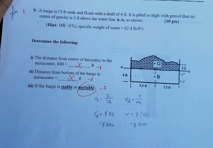 Solved A barge is 15 ft wide and floats with a draft of 4 | Chegg.com