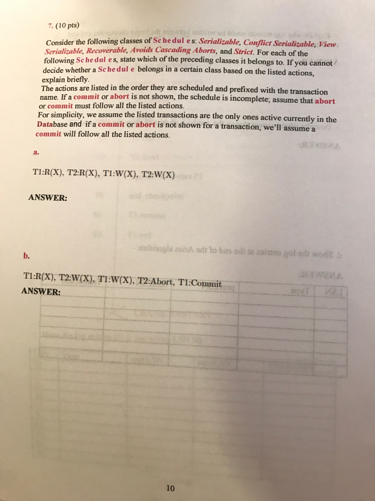 Solved Consider the following classes of Schedules: | Chegg.com