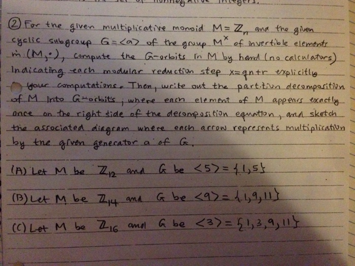 Solved For the given multiplicative monoid M = Z_n and the | Chegg.com