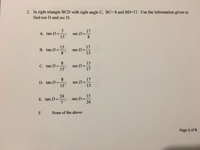 Solved In right triangle BCD with right angle C, BC = 8 and | Chegg.com