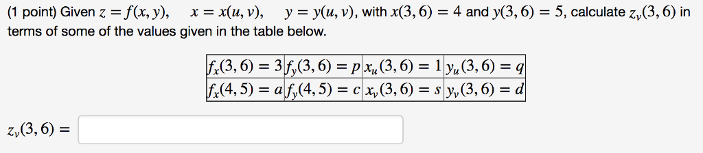 Solved (1 point) Given z = f(x,y), x = x(u, v), y-y(u, v), | Chegg.com Solved (1 point) Given z = f(x,y), x = x(u, v), y-y(u, v), | Chegg.com