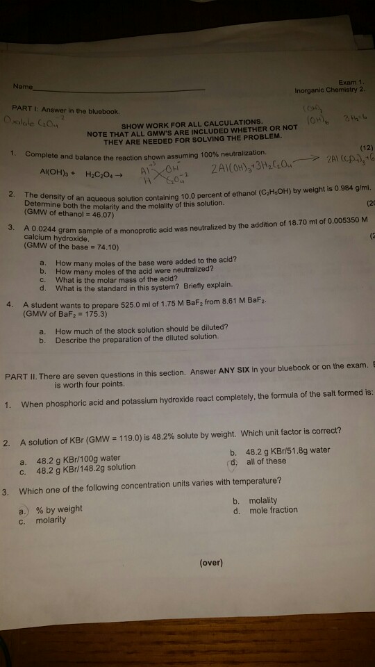 Solved Exam 1 Name Inorganic Chemistry 2. PART I: Answer in | Chegg.com