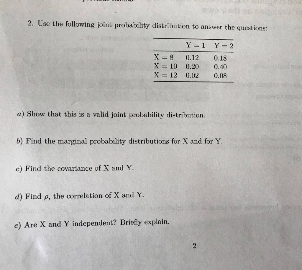 Solved 2. Use the following joint probability distribution | Chegg.com
