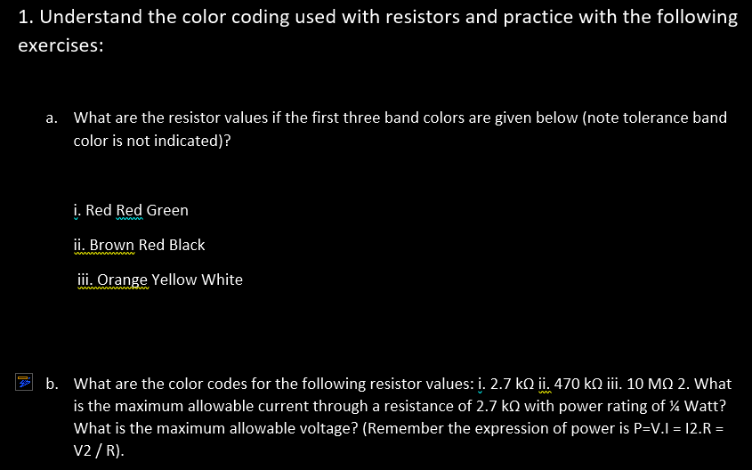 Solved 1. Understand the color coding used with resistors | Chegg.com