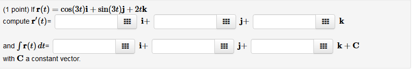Solved (1 point) If r(t) - cos(3t)i + sin(3t)j+2tk compute | Chegg.com