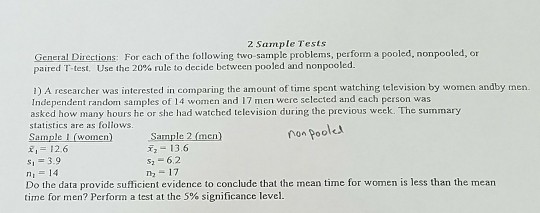 Solved 2 Sample Tests General Directions For Each Of The Chegg