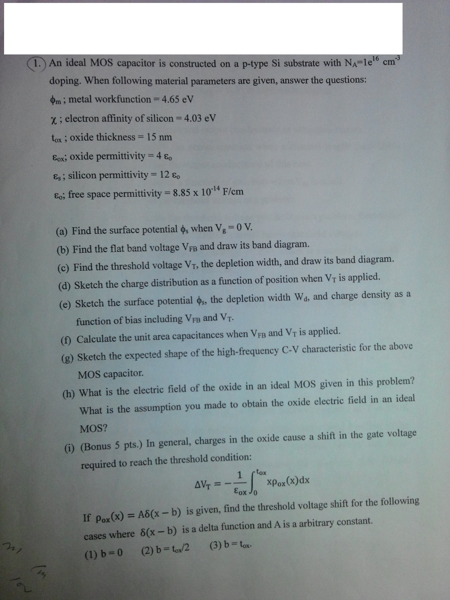 (1) An ideal MOS capacitor is constructed on a p-type | Chegg.com