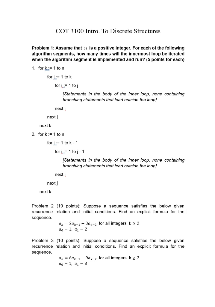 Solved COT 3100 Intro. To Discrete Structures Problem 1: | Chegg.com