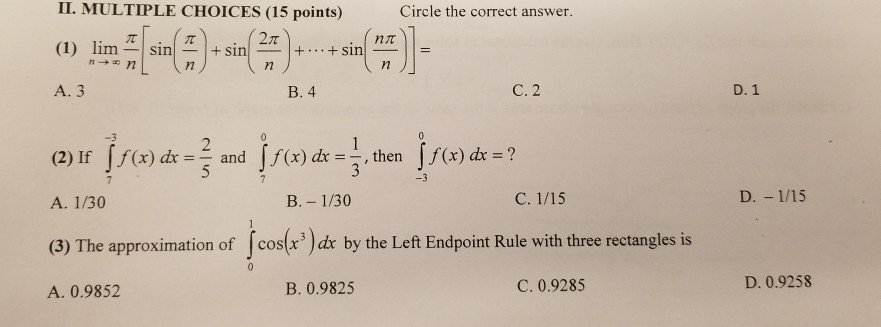Solved Circle the correct answer. lim_n rightarrow infinity | Chegg.com