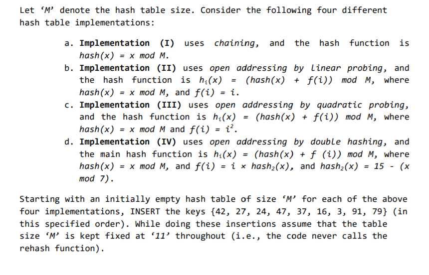 Solved Let 'M' denote the hash table size. Consider the | Chegg.com