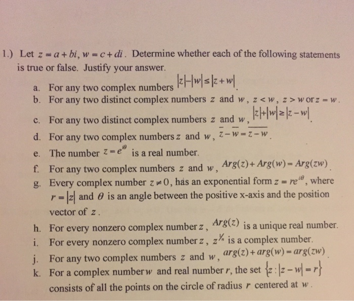 Solved Let z = a + bi, w = c + di. Determine whether each of | Chegg.com