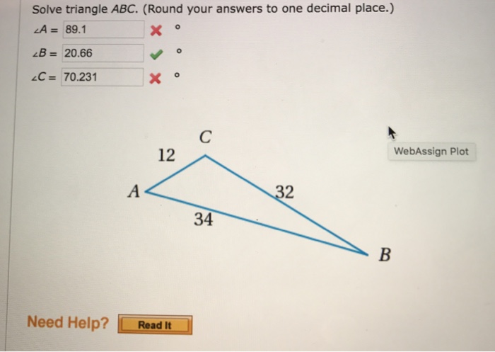 Solved Solve triangle ABC. (Round your answers to one | Chegg.com