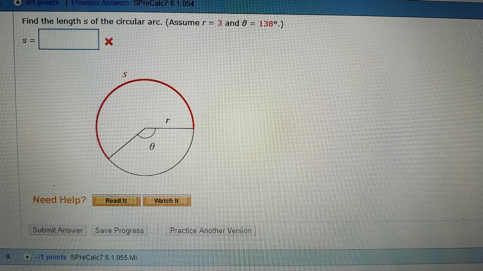 Solved Find the length S of the circular arc. (Assume r=3 | Chegg.com