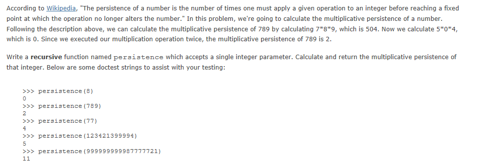 Solved According to Wikipedia, "The persistence of a number | Chegg.com