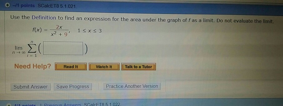 Solved 0 -1 points SCalcET8 5.1.021 Use the Definition to | Chegg.com