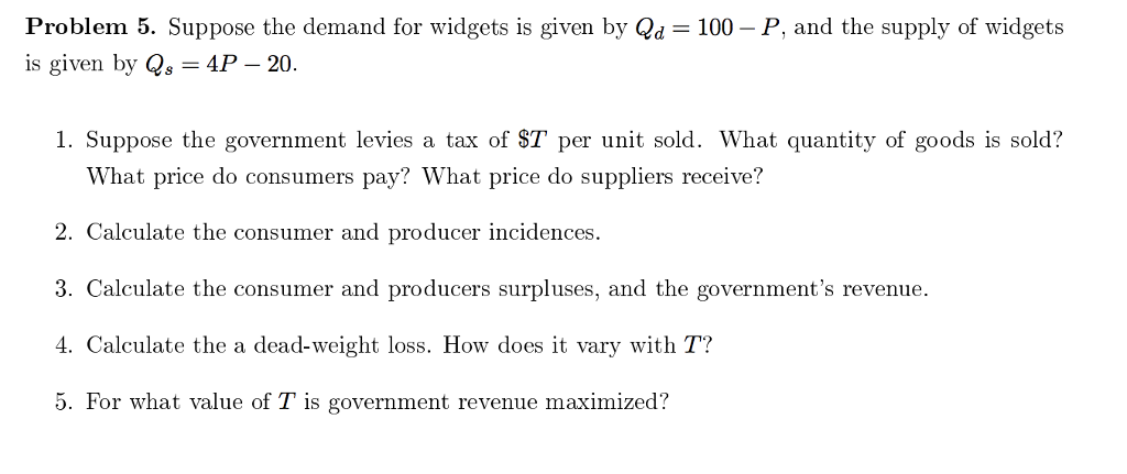 Solved Problem 5. Suppose the demand for widgets is given by | Chegg.com