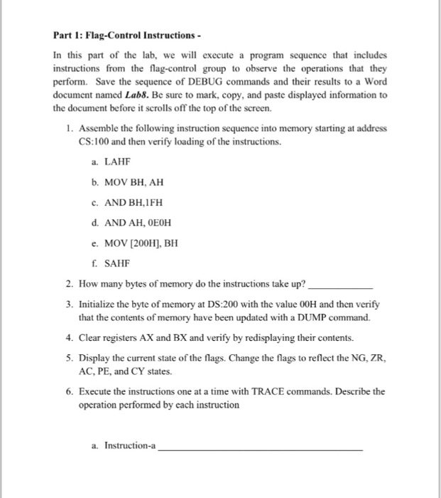 Microprocessors cmd DEBUG (Flag-control, Subroutine | Chegg.com
