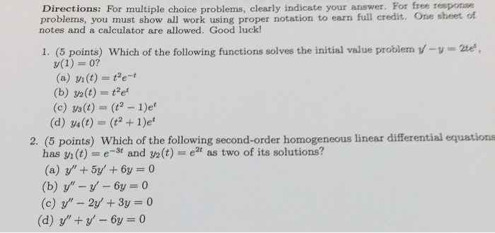 Solved Directions: For multiple choice problems, clearly | Chegg.com