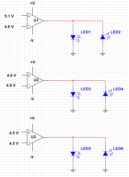 Solved U1 4.8 V LED1 LED2 +V 4.6 V. U2 4.9 V LED3 LED4 +V | Chegg.com